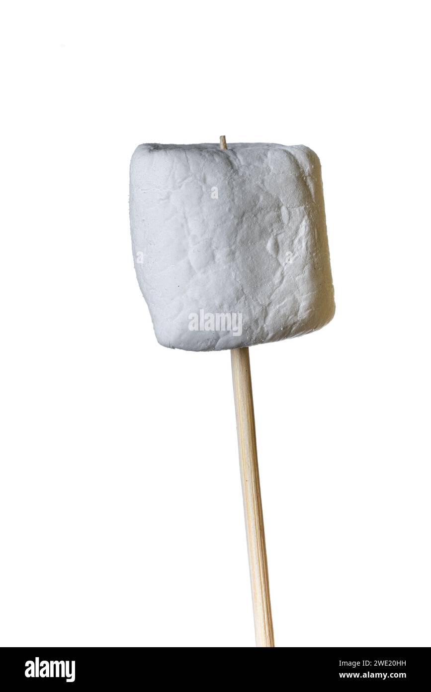 close up of a fresh marshmallow on a stick isolated on a white ...