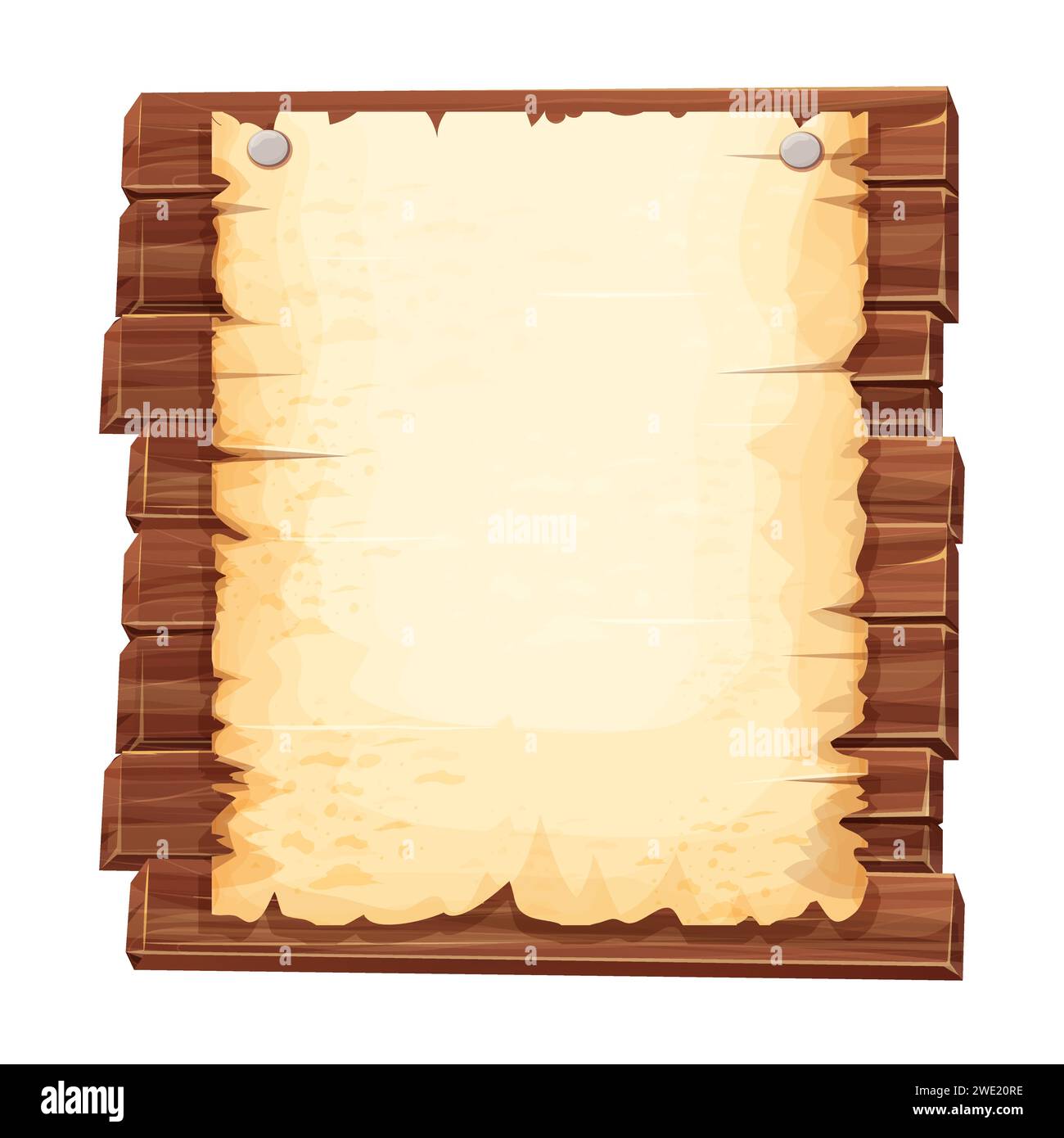 Wooden plank with parchment paper, rustic wooden frame in cartoon style ...