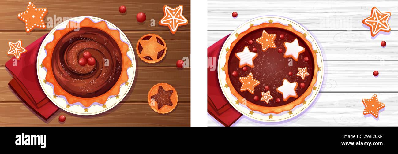 Christmas pie chocolate with slice decorated with gingerbread srats and ...