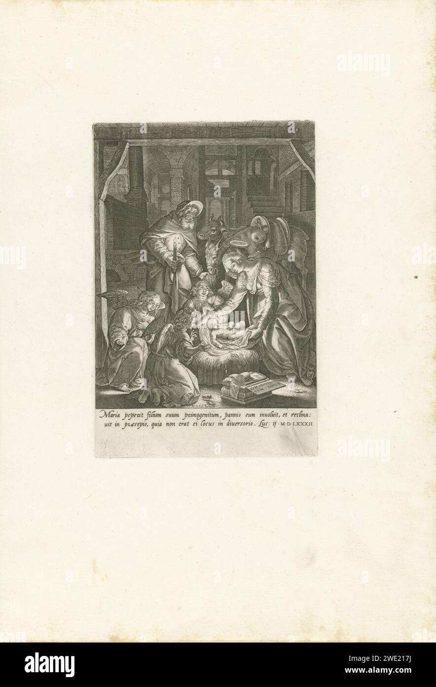 Birth of Christ, Johann Sadeler (I), After Maerten de Vos, 1582 print Maria is kneeling for the ...
