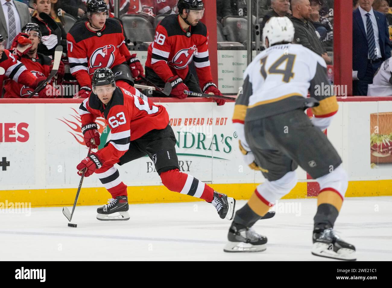 New Jersey Devils left wing Jesper Bratt (63) skates against Vegas ...