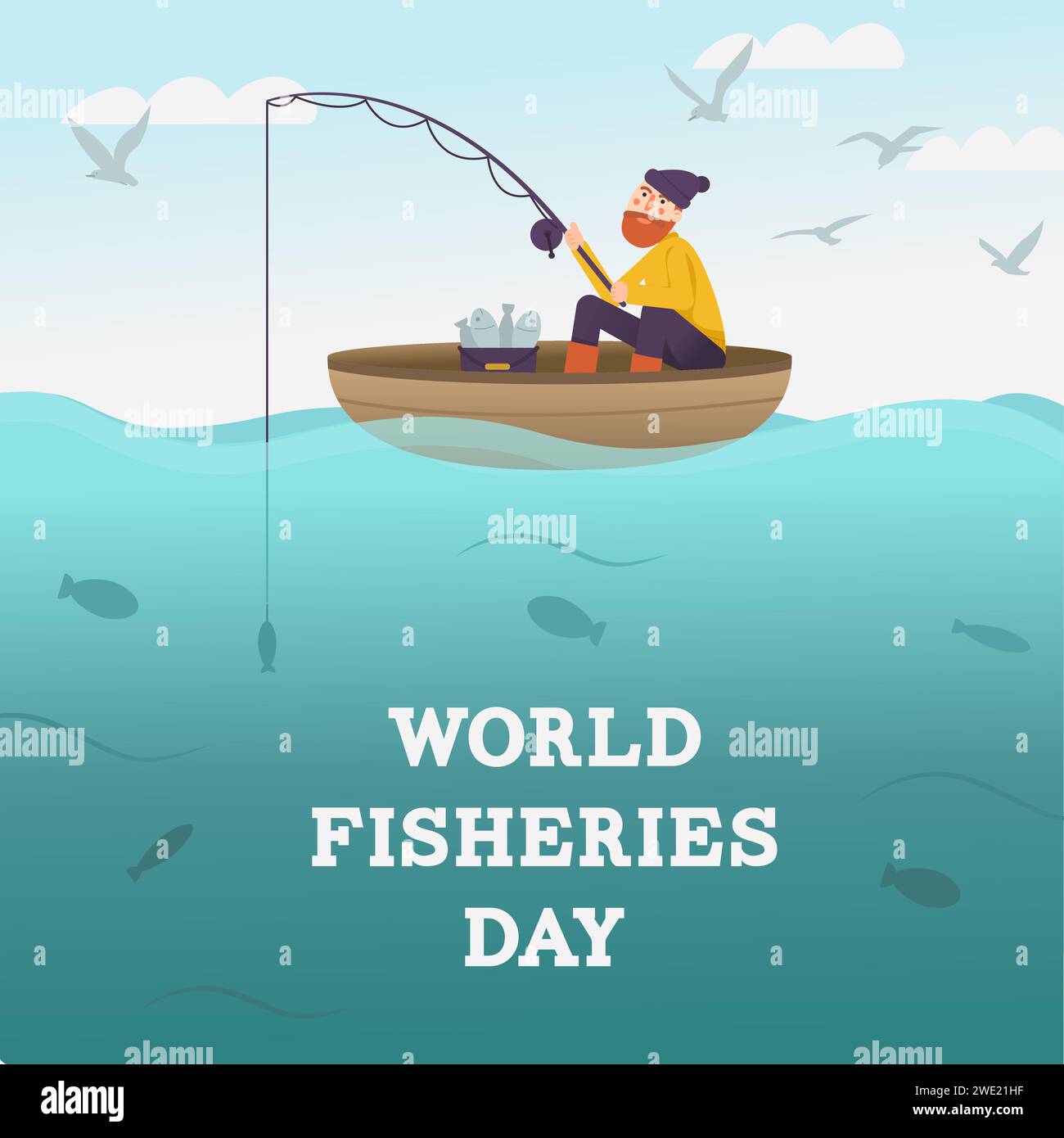 World Fisheries Day. Fisherman with fishing rod on boat at the sea ...