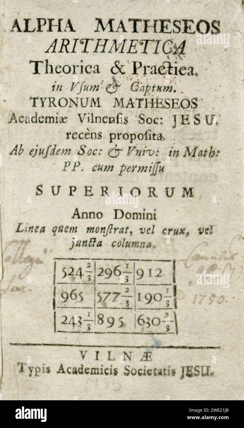 Alpha Matheseos Arithmetica Theorica & Practica (in Latin), Vilnius ...