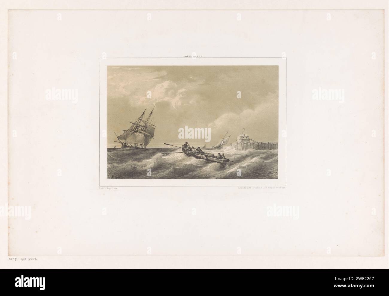 Sailing ship and rowing boat at sea, Louis Meijer, 1847 - c. 1865 print ...