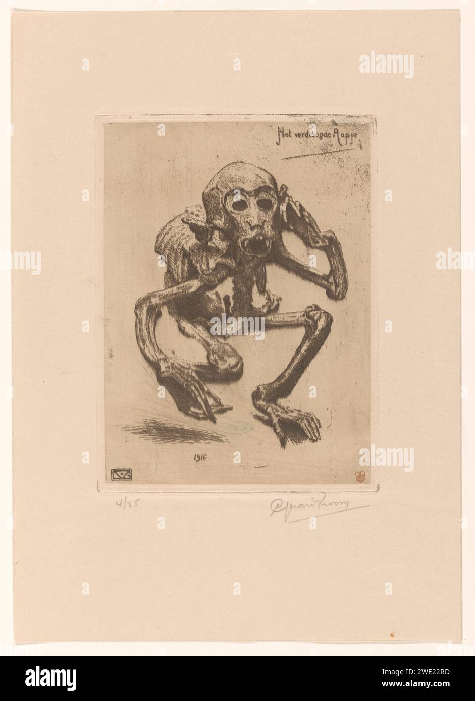 The dried monkey, Gerard Vroom, 1916 print Skeleton of a monkey. paper ...