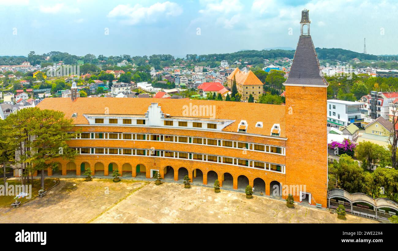 Aerial view Da Lat Pedagogical College in morning, with its unique arc ...