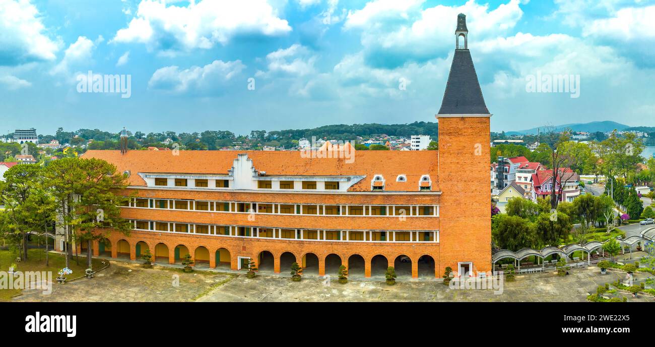 Aerial view Da Lat Pedagogical College in morning, with its unique arc ...