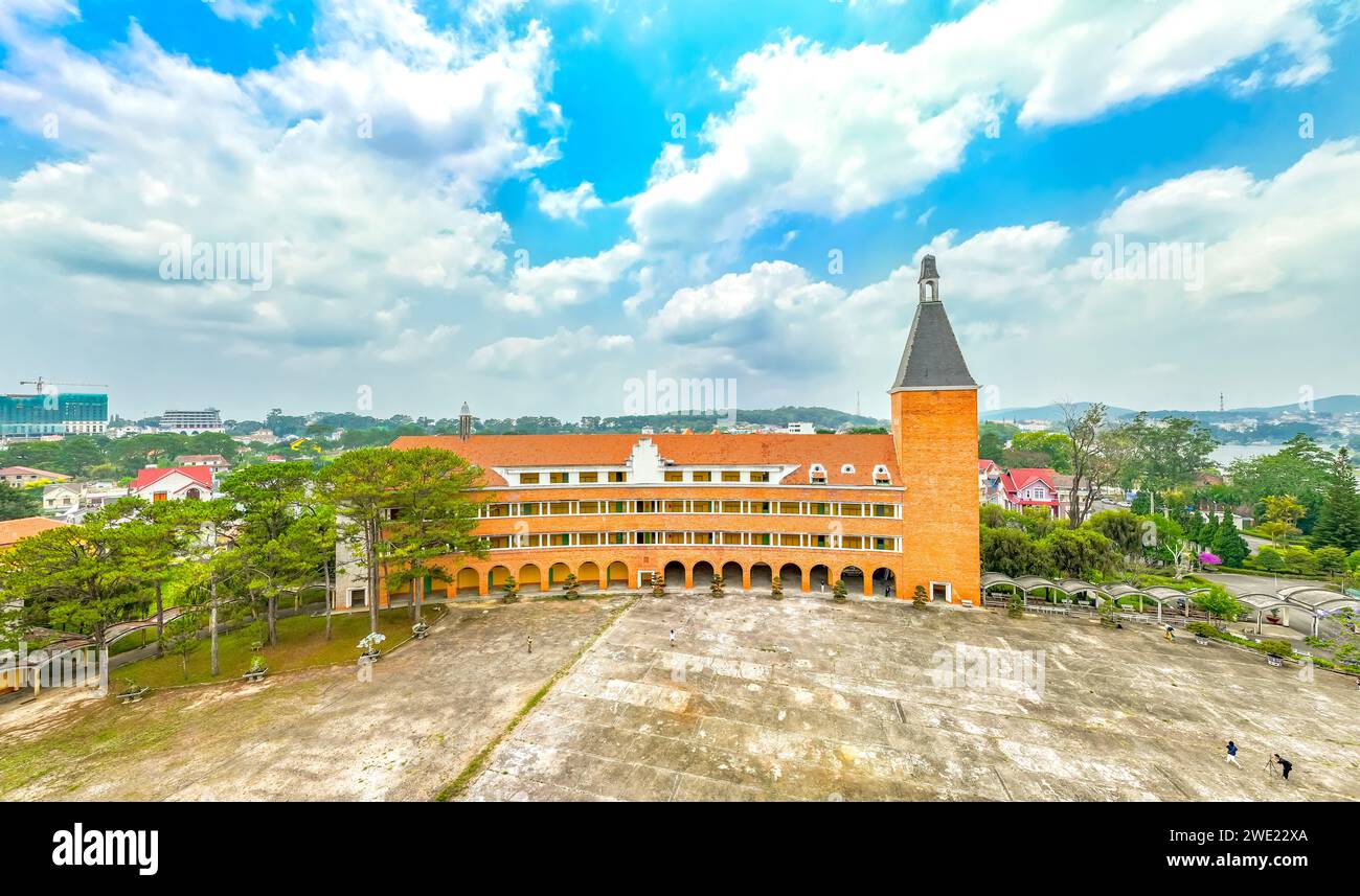 Aerial view Da Lat Pedagogical College in morning, with its unique arc ...