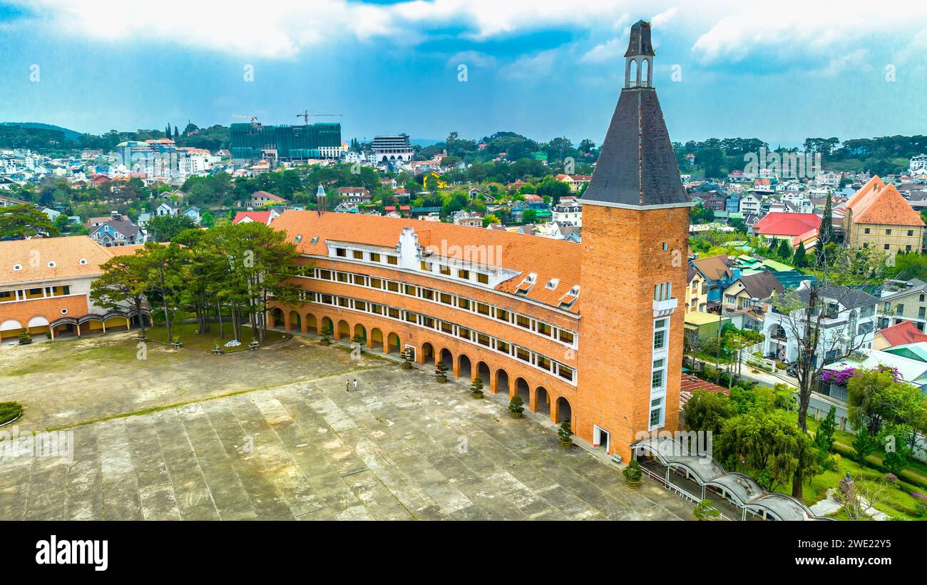 Aerial view Da Lat Pedagogical College in morning, with its unique arc ...