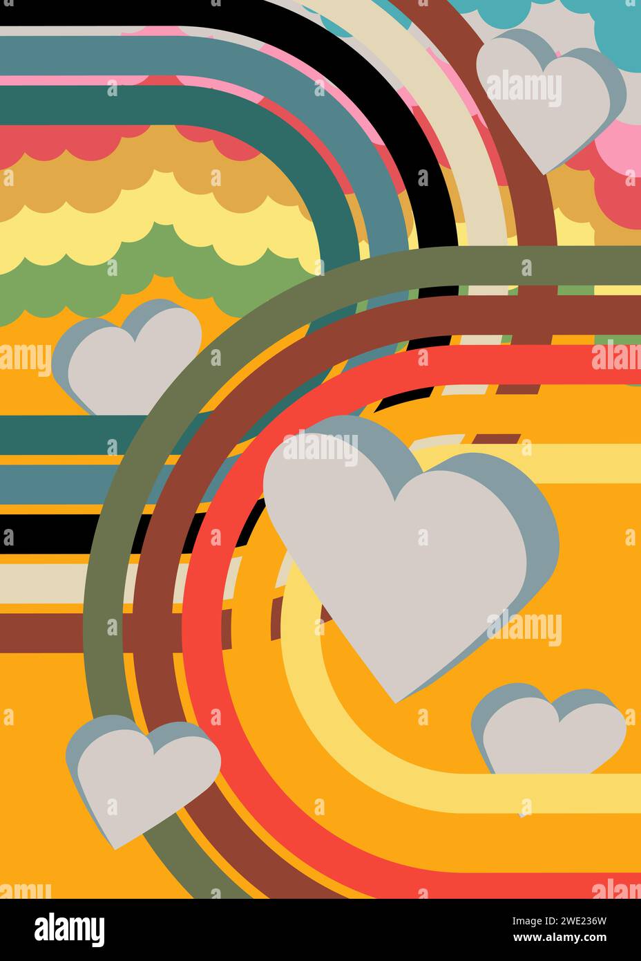 Retro 70s Background with hearts. Groovy Valentine's Day 1970s art ...