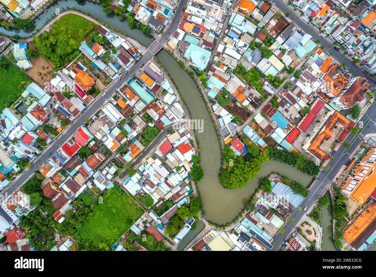 Thu Dau Mot city, Binh Duong Province, Vietnam, aerial view. This is a ...
