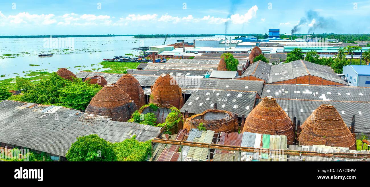 Aerial view of Mang Thit brick kiln in Vinh Long. Burnt clay bricks ...