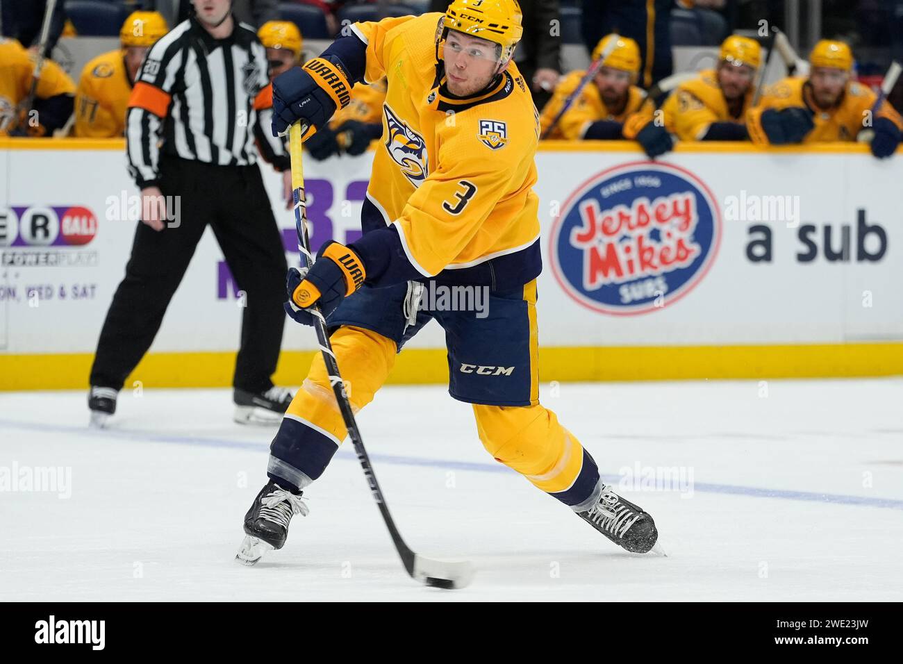 Nashville Predators defenseman Jeremy Lauzon (3) scores a goal against ...