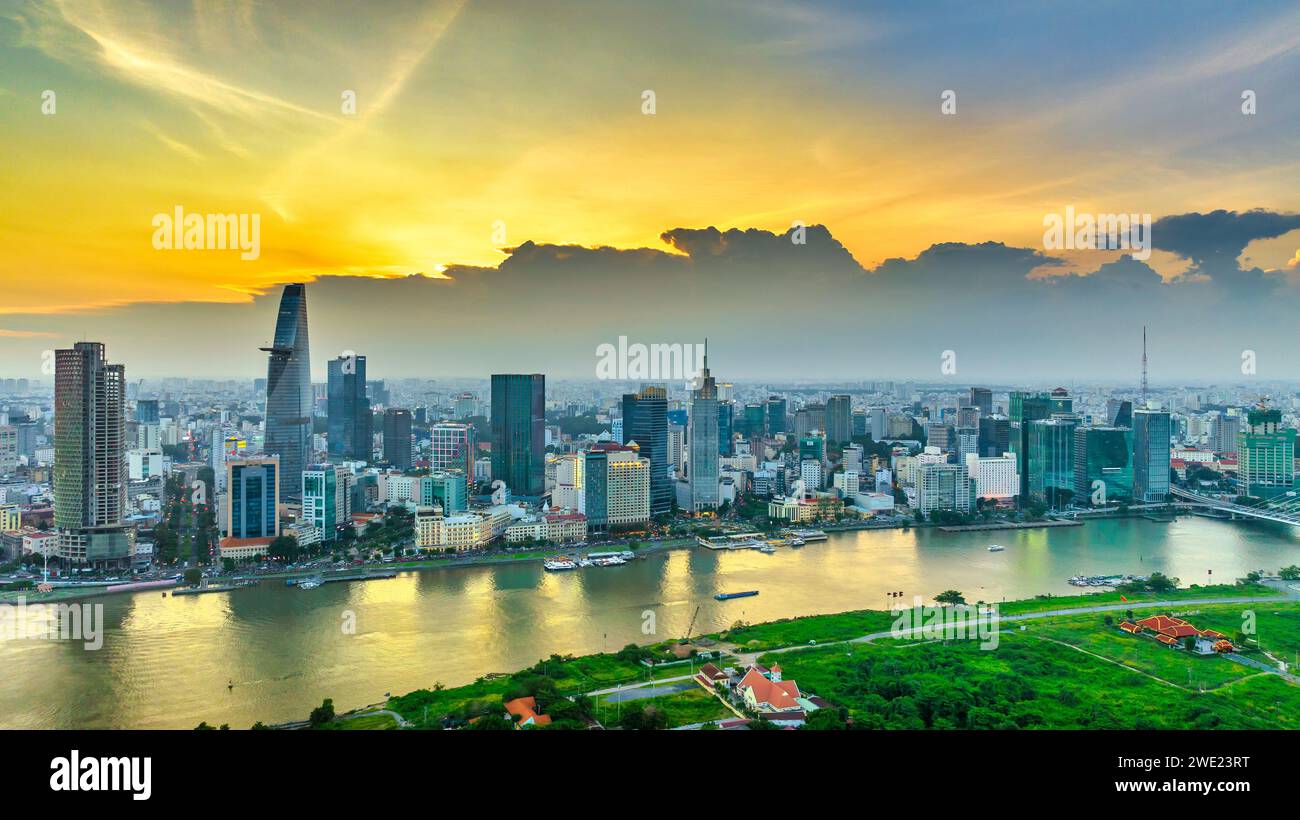 Aerial view from drone of a Ho Chi Minh city with development buildings ...