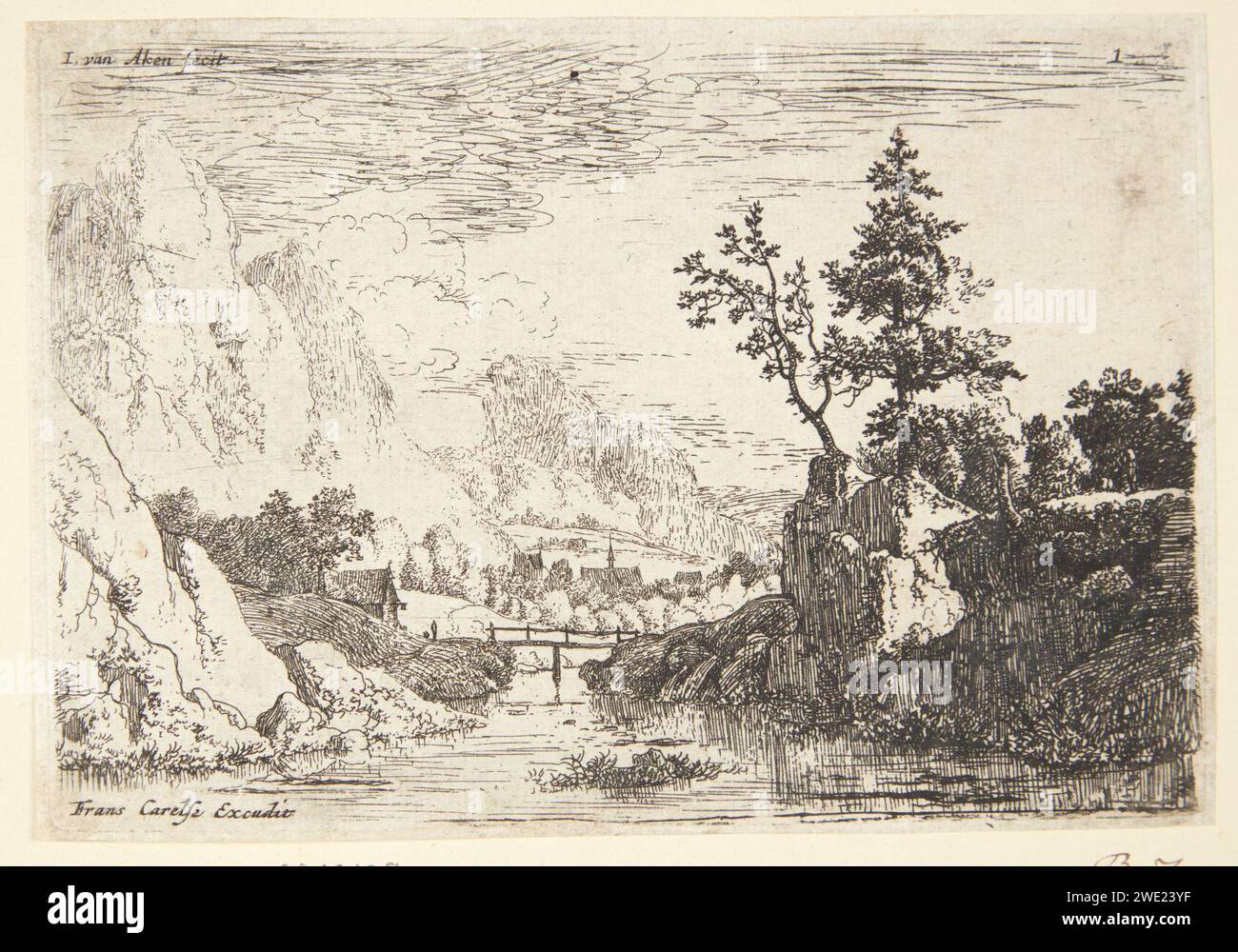 Jan van Aken, Bro over en flod mellem høje klipper, i baggrunden huse ...