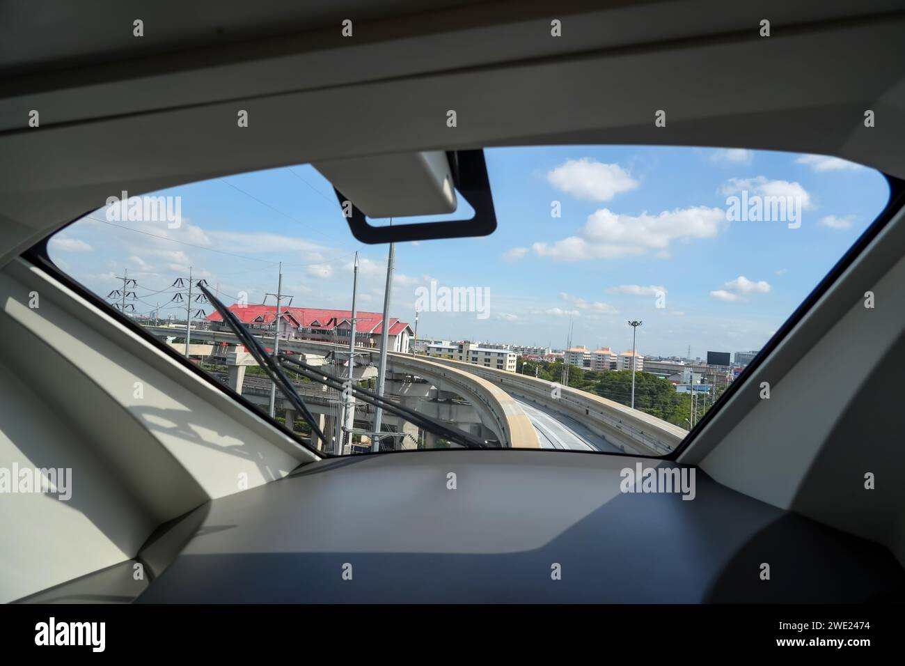 Turn view inside windshield driver cockpit cabin control panel ...