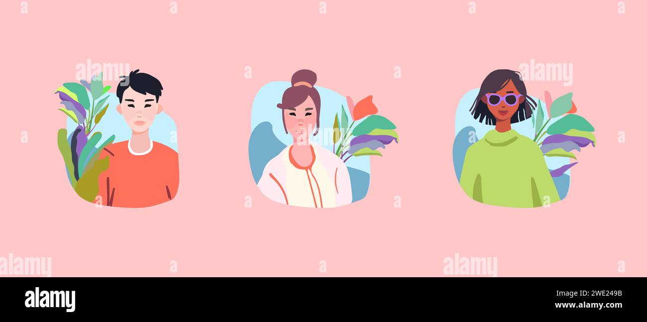 Avatars. Guy and girls. Cute character with plants. Cartoon style ...
