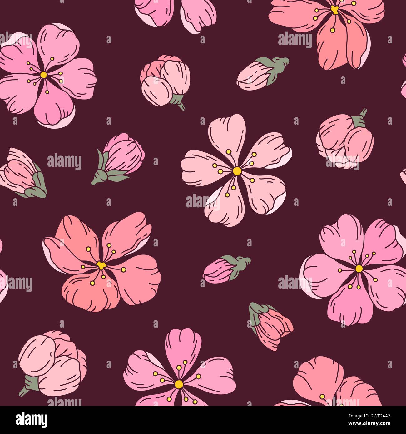 Cherry sakura blossom seamless pattern pink flat. Spring bud japanese ...