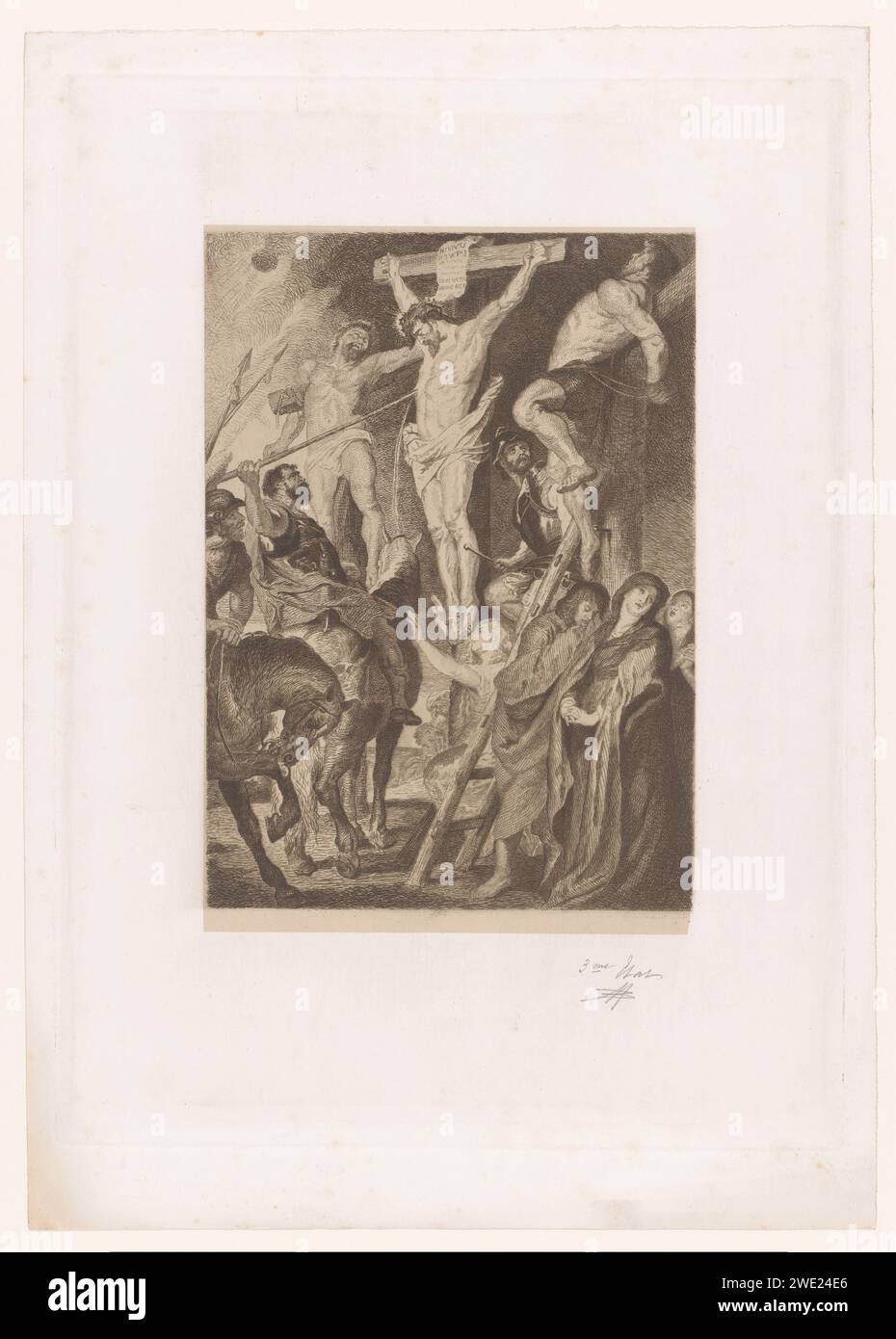 Longinus puts the crucified Christ with a lance, Jean Baptiste Pierre Michiels, after Peter Paul ...