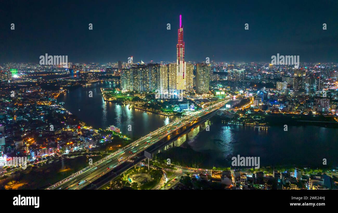 Aerial view of Ho Chi Minh City skyline and skyscrapers in center of ...