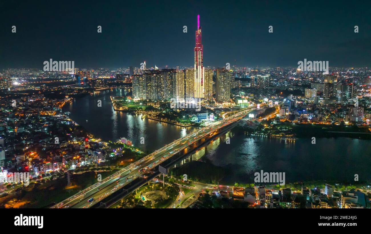Aerial view of Ho Chi Minh City skyline and skyscrapers in center of ...