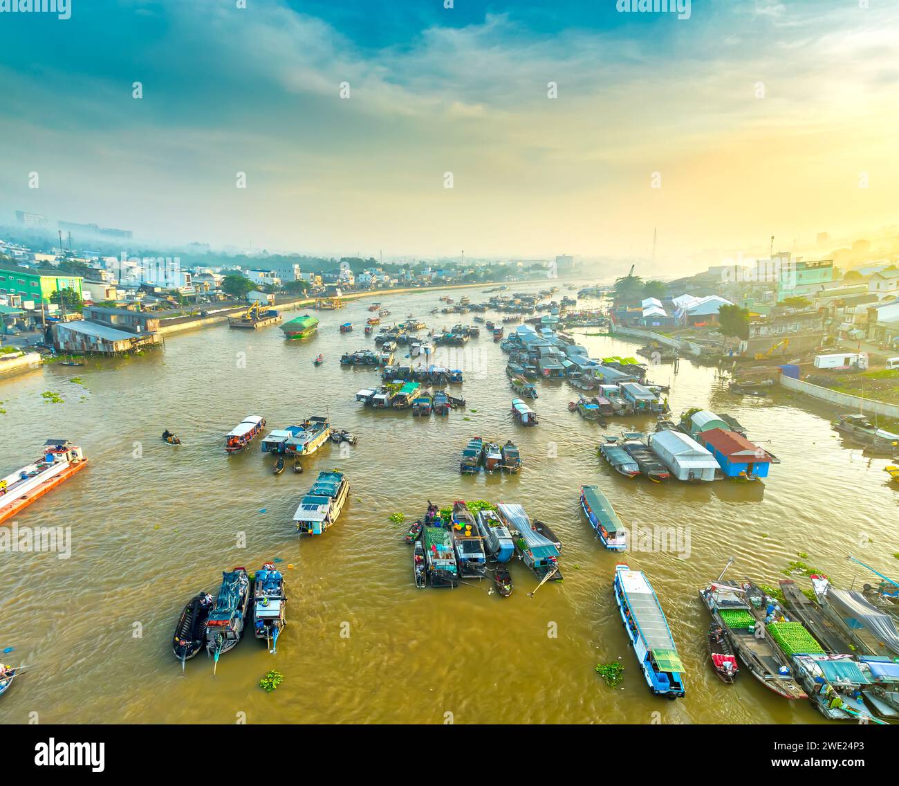 Cai Rang floating market, Can Tho, Vietnam, aerial view, sunrise ...