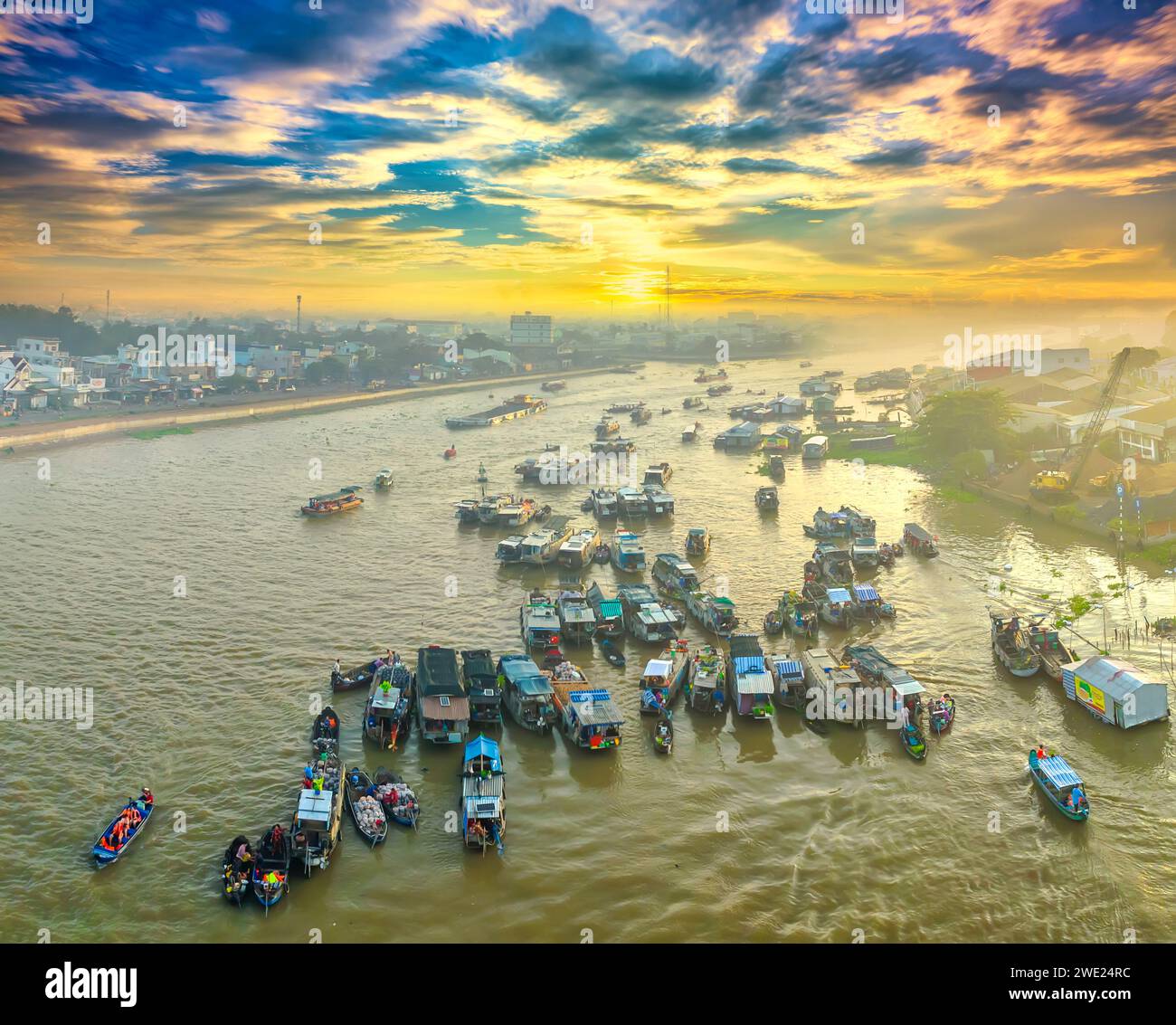Cai Rang floating market, Can Tho, Vietnam, aerial view, sunrise ...