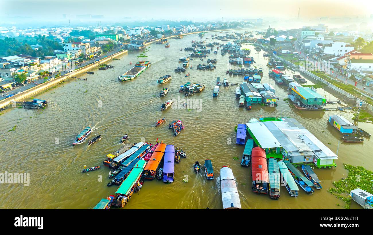 Cai Rang floating market, Can Tho, Vietnam, aerial view. Cai Rang is ...