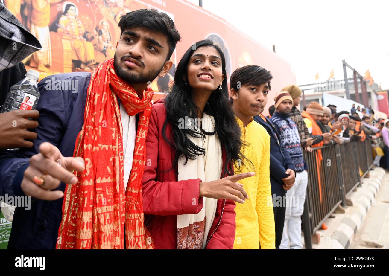 AYODHYA, INDIA - JANUARY 22: People of Ayodhya looking happy during the consecration ceremony of ...
