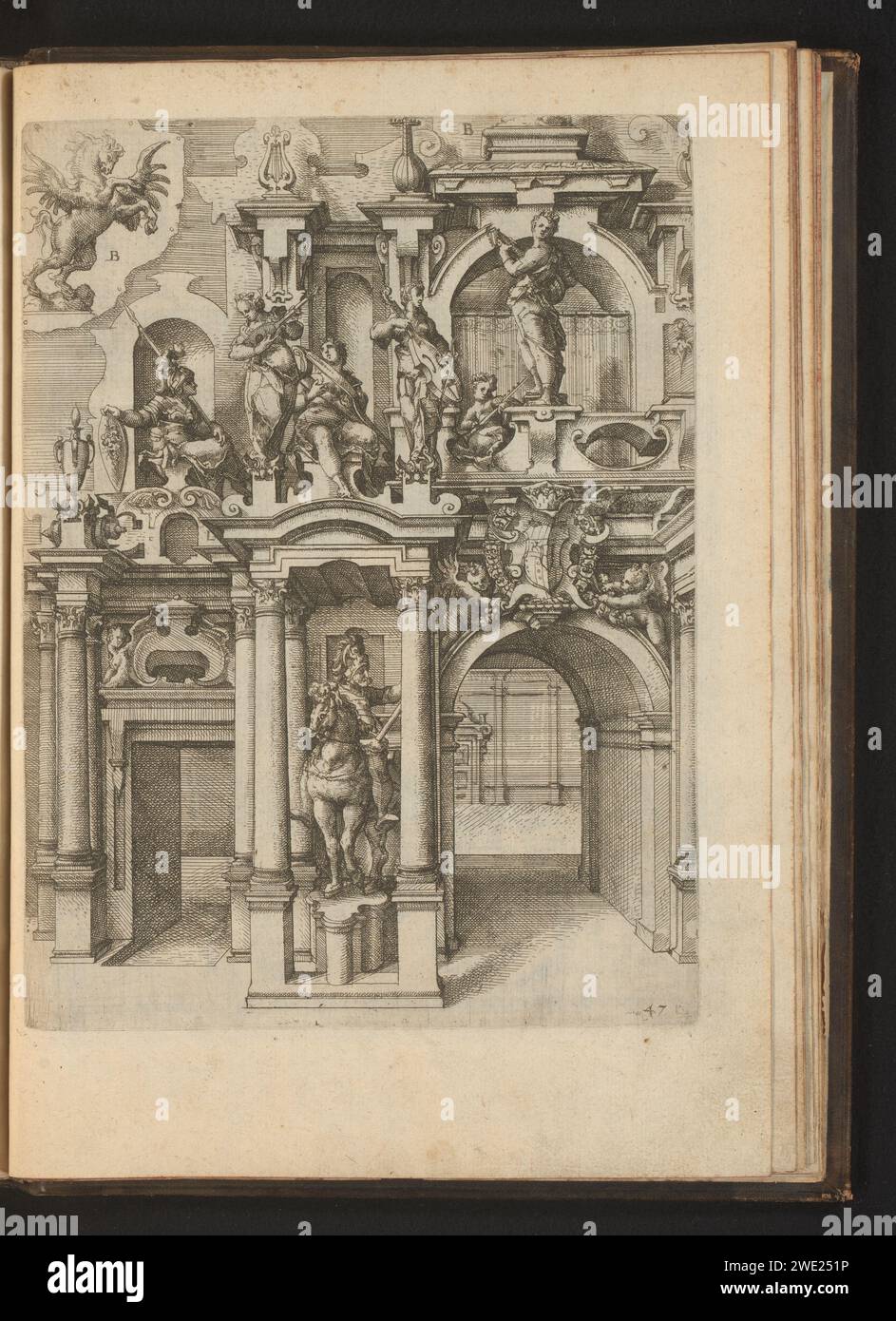 Portal with a rider statue and on top is Minerva with five music ...
