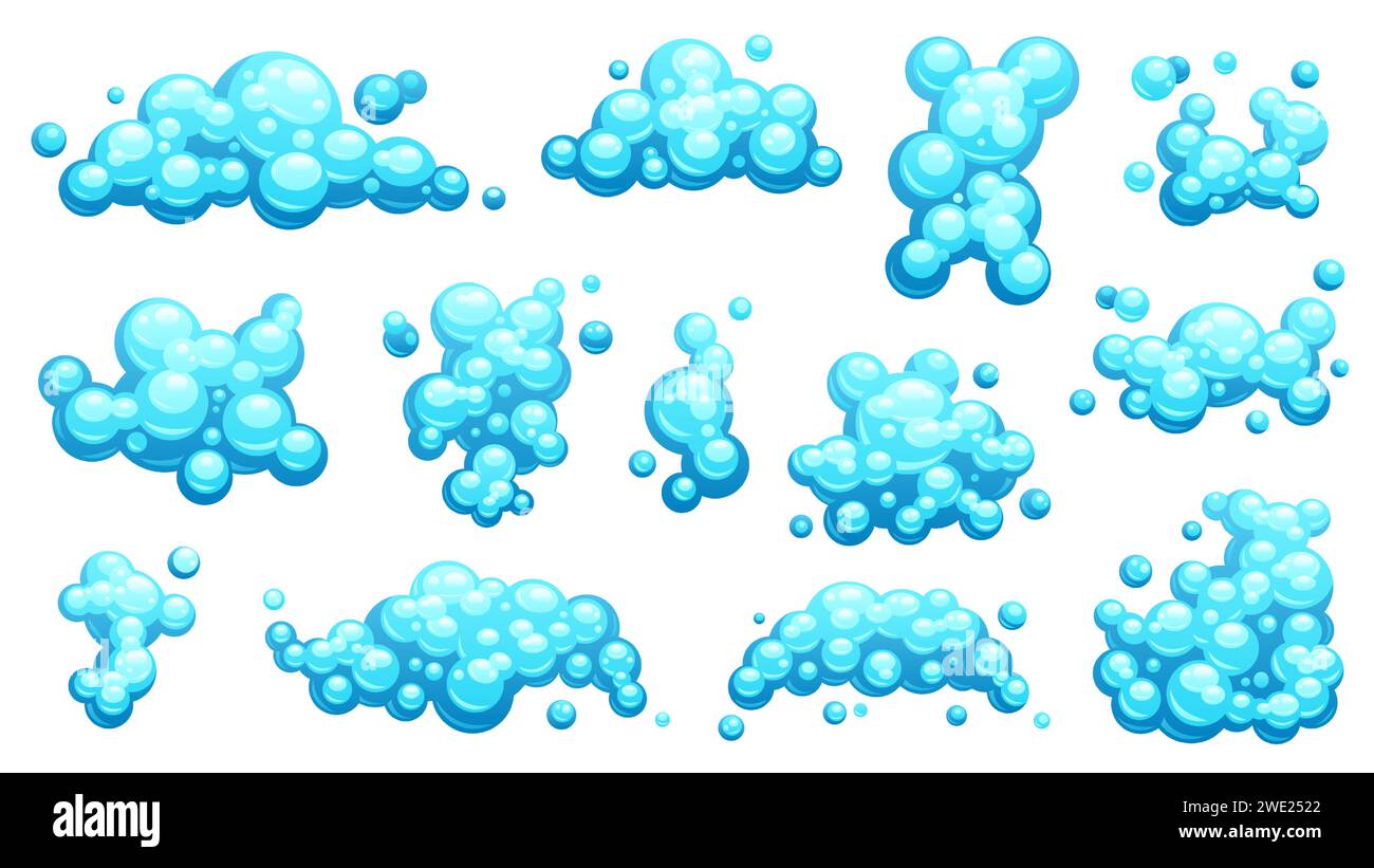 Cartoon shampoo foam set. Soapy bubbles and steam, shampoo foam and ...