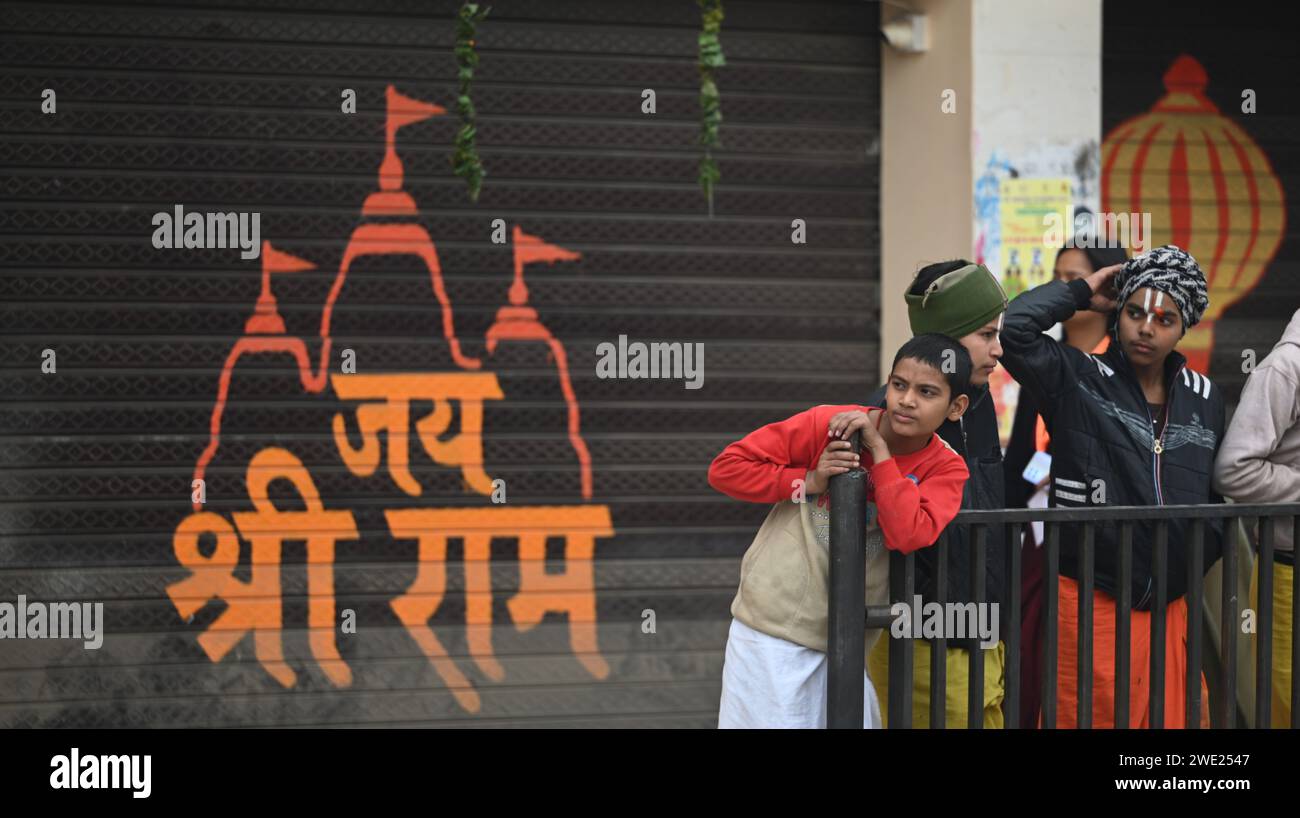 AYODHYA, INDIA - JANUARY 22: People of Ayodhya looking happy during the consecration ceremony of ...