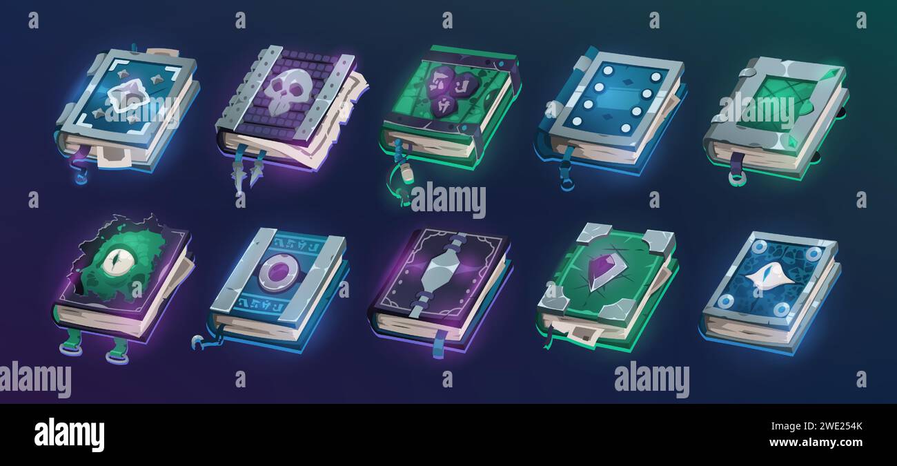 Cartoon fantasy books. Magic alchemy witchcraft Grimoire, old mystic ...