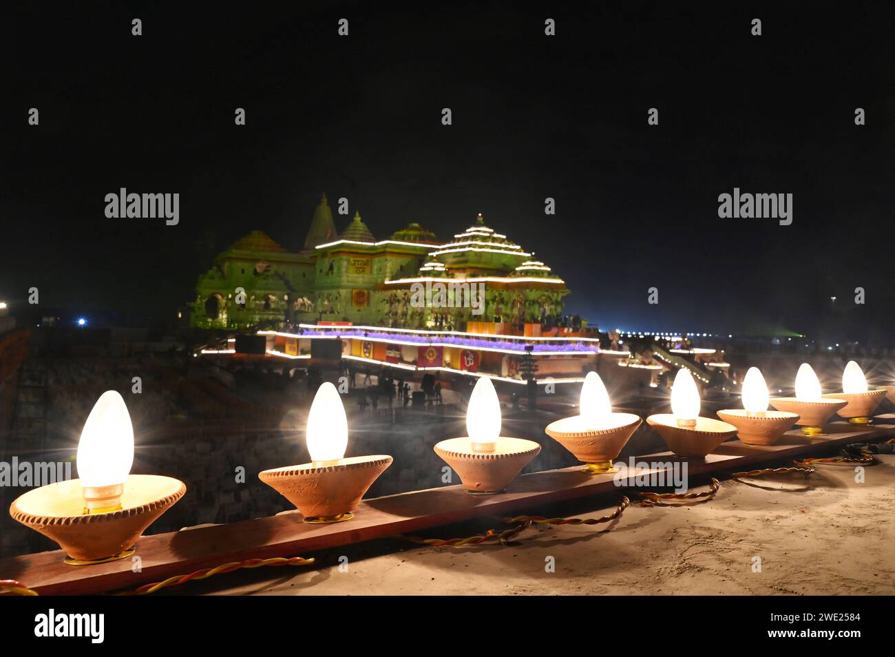 AYODHYA, INDIA - JANUARY 22: Ram Janmbhoomi Temple illuminated on night ...