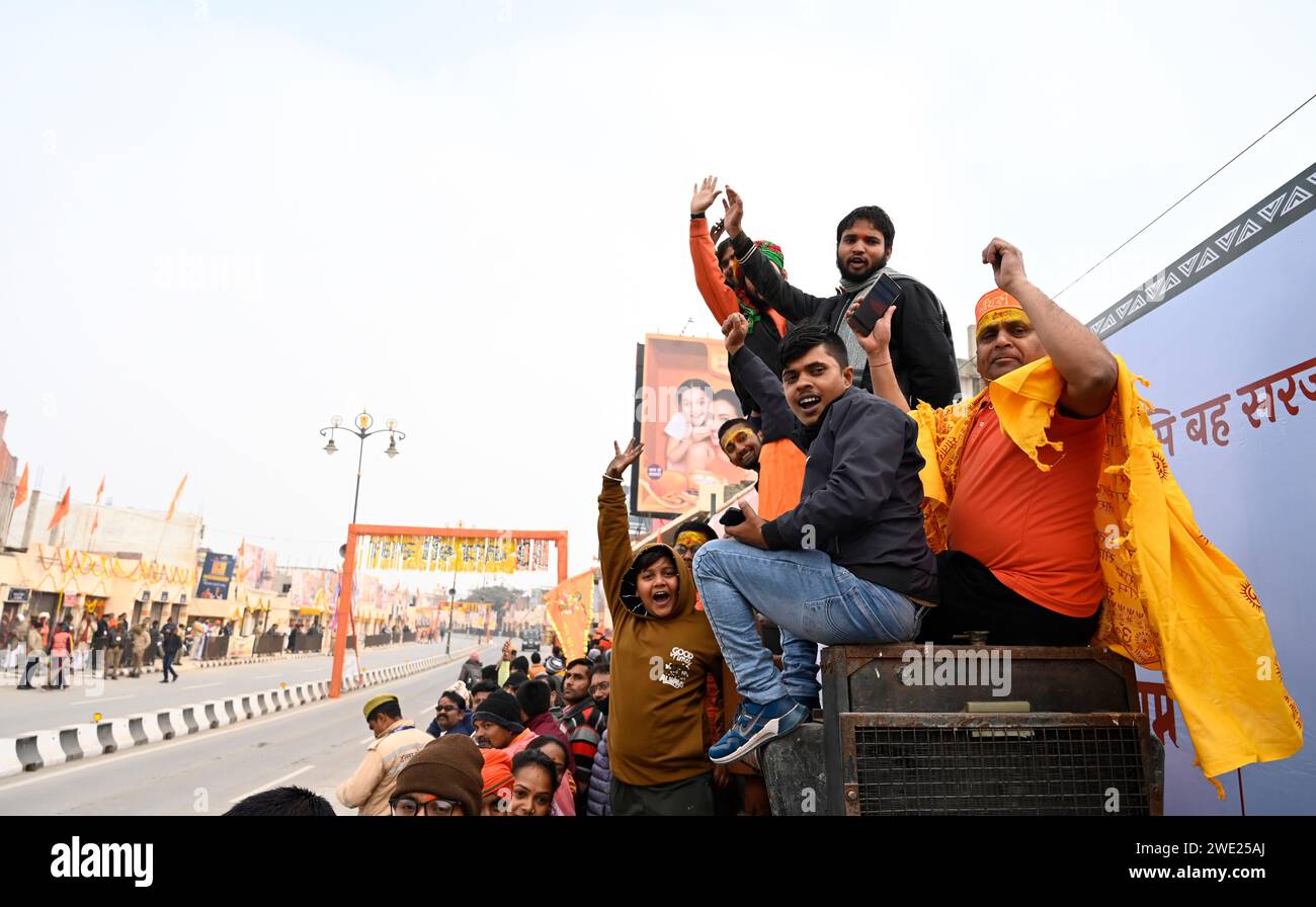 AYODHYA, INDIA - JANUARY 22: People of Ayodhya looking happy during the consecration ceremony of ...