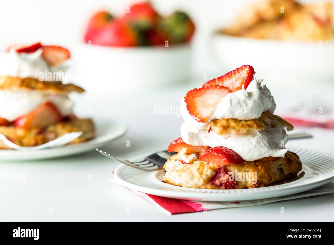 Individual servings of fresh strawberry shortcake, ready for eating ...