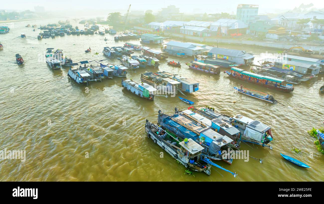 Cai Rang floating market, Can Tho, Vietnam, aerial view. Cai Rang is ...