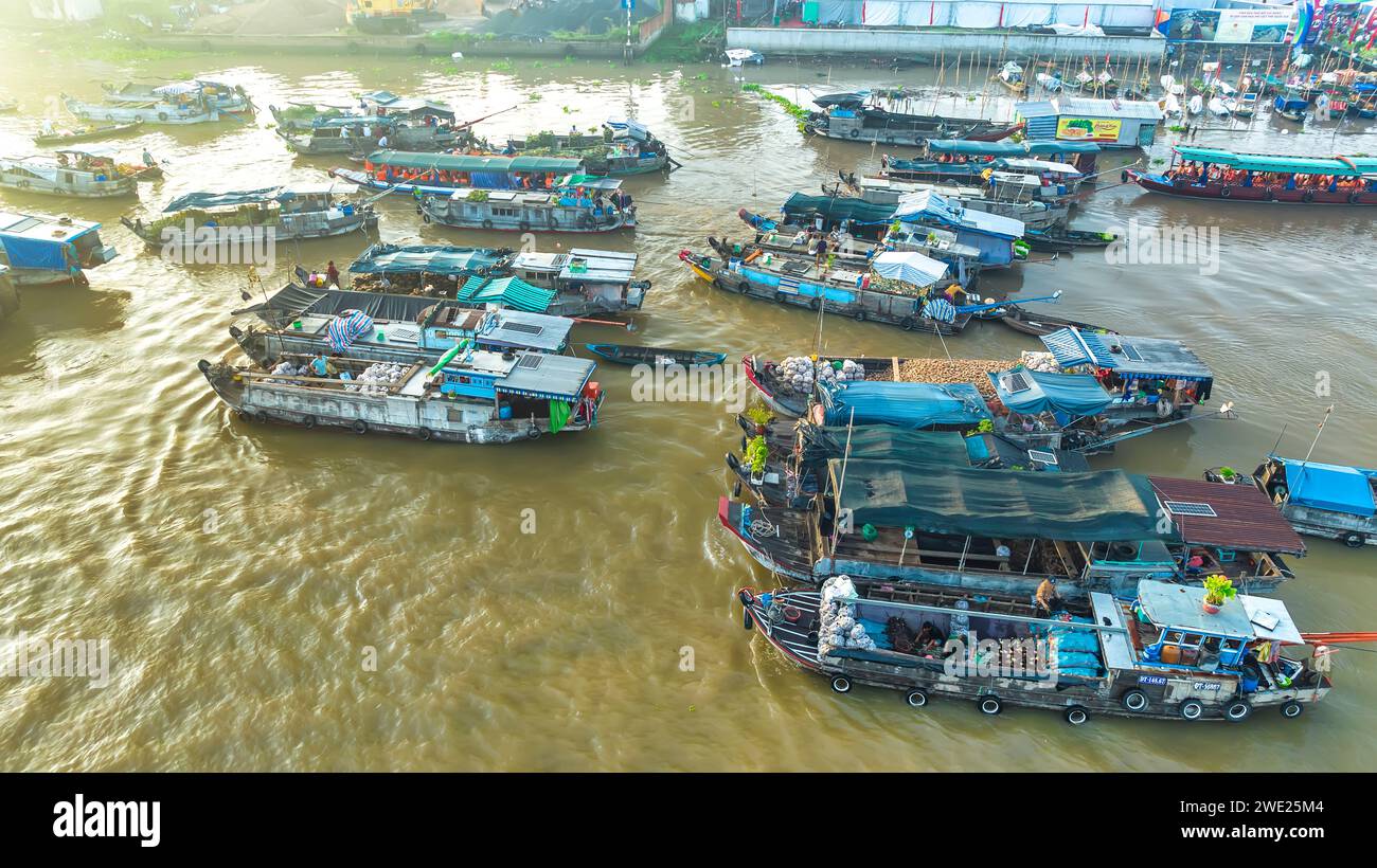 Cai Rang floating market, Can Tho, Vietnam, aerial view. Cai Rang is ...
