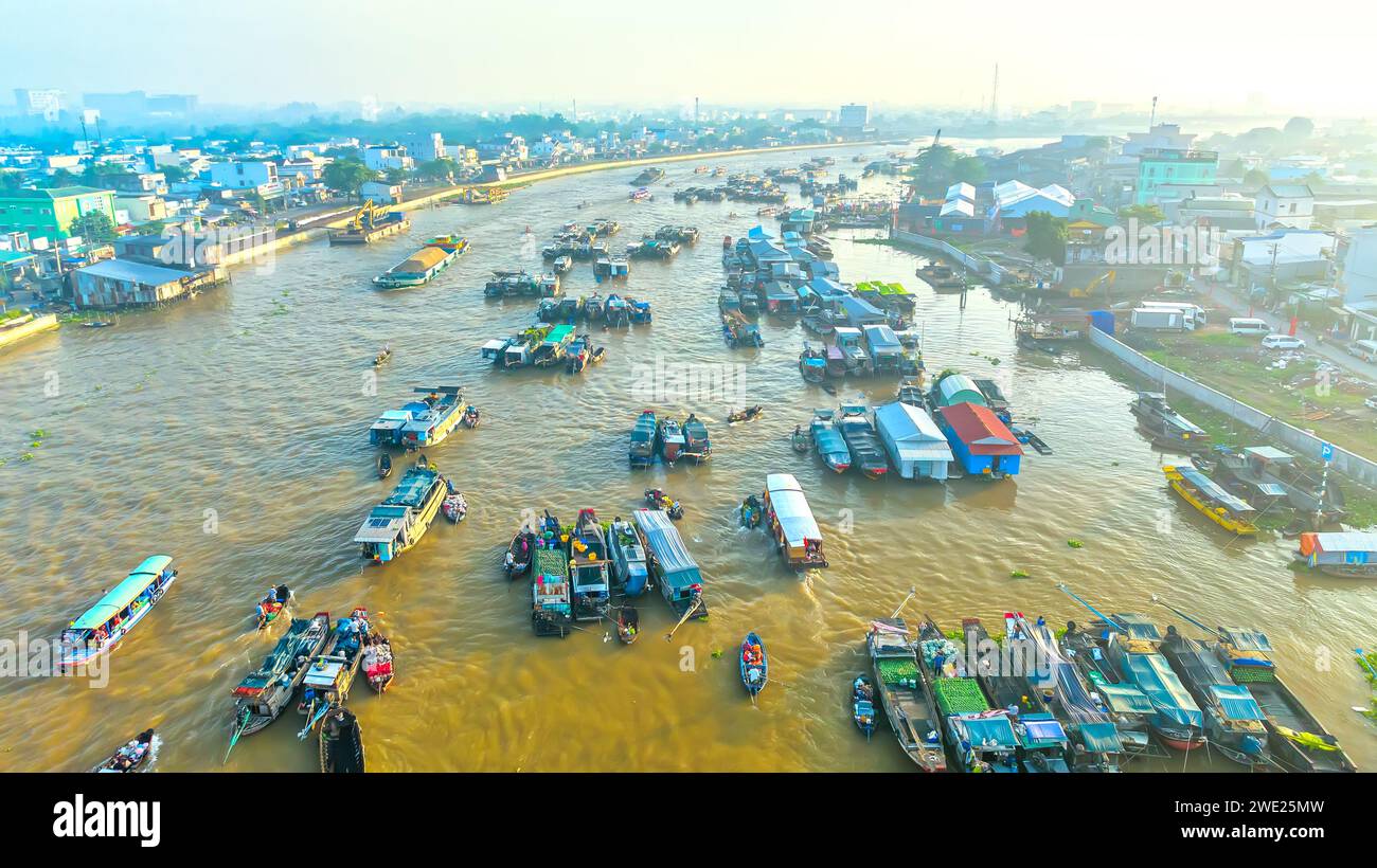 Cai Rang floating market, Can Tho, Vietnam, aerial view. Cai Rang is ...