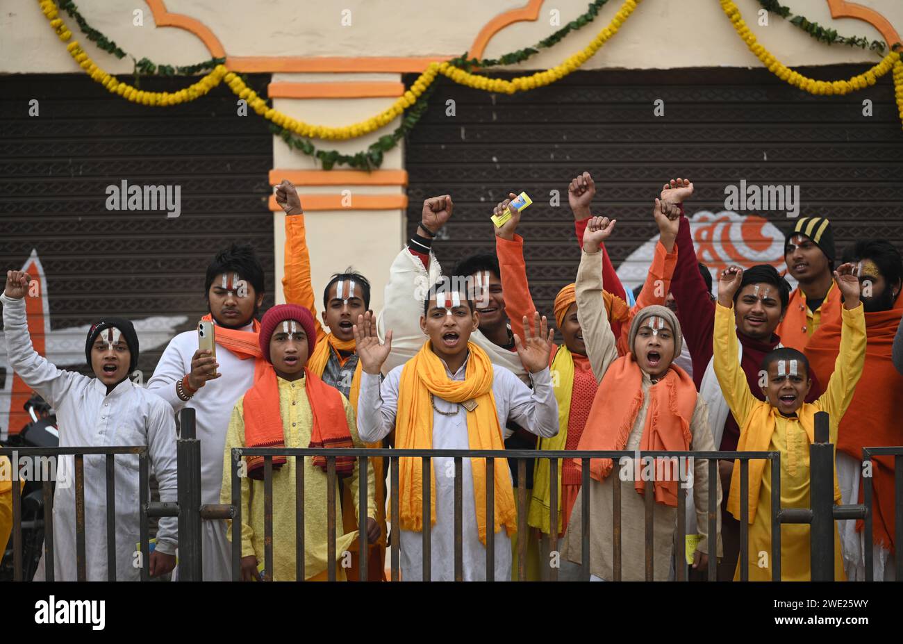 AYODHYA, INDIA - JANUARY 22: People of Ayodhya looking happy during the consecration ceremony of ...