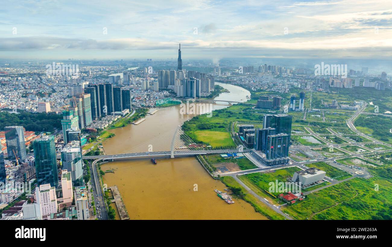Aerial view of cable-stayed Ba Son bridge connecting traffic to ...