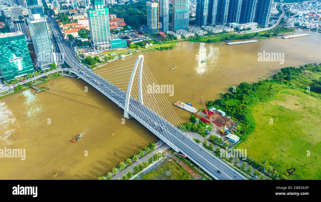 Aerial view of cable-stayed Ba Son bridge connecting traffic to ...