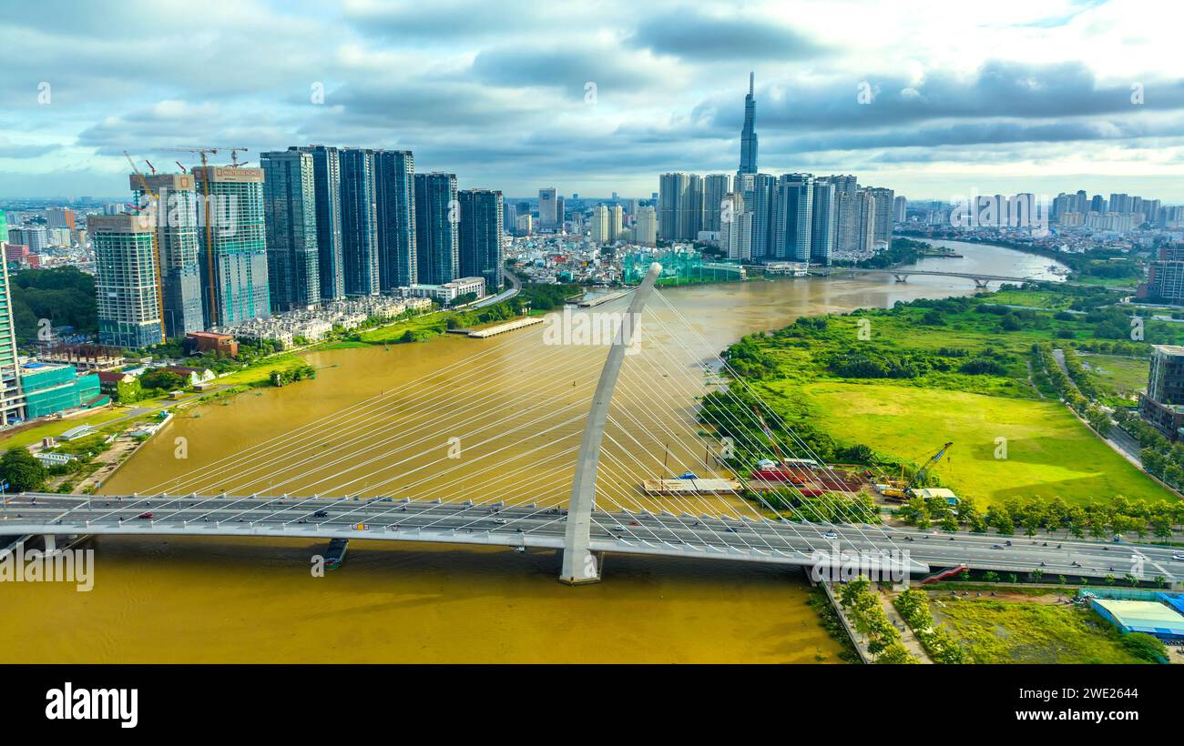 Aerial view of cable-stayed Ba Son bridge connecting traffic to ...