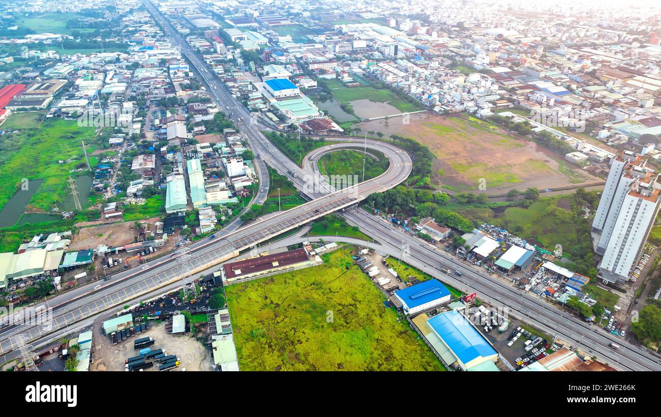 Aerial view of Saigon cityscape at morning with a complex highway ...