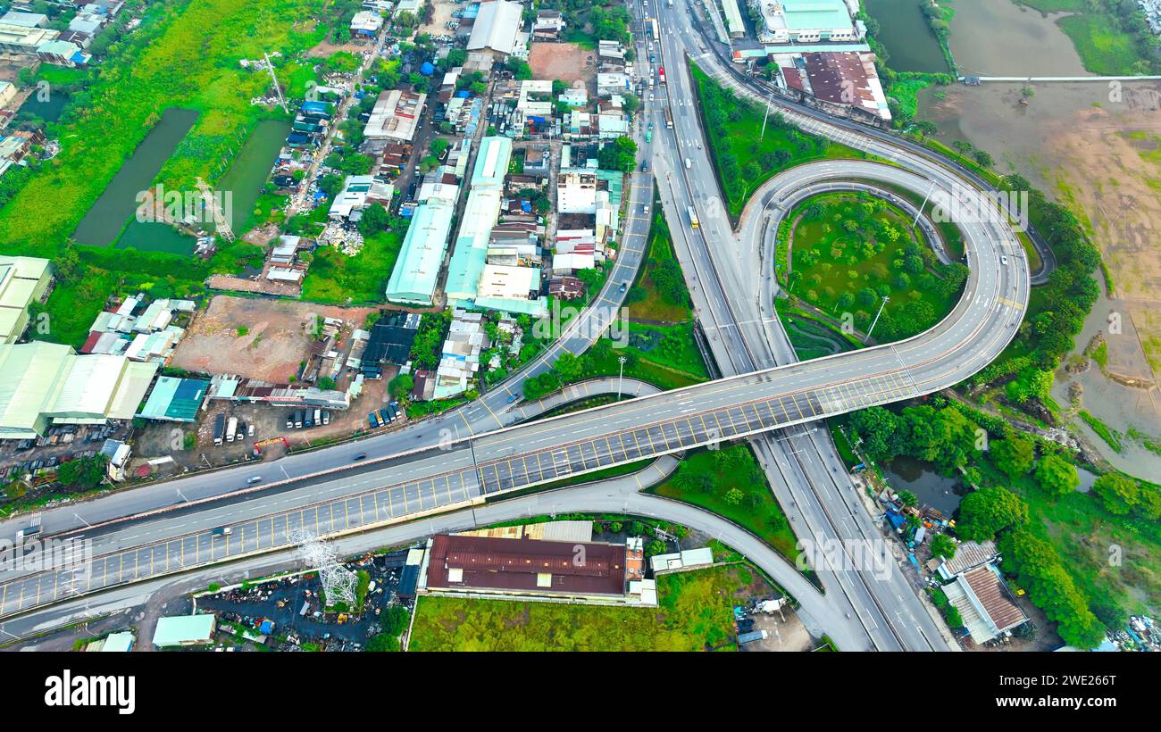 Aerial view of Saigon cityscape at morning with a complex highway ...