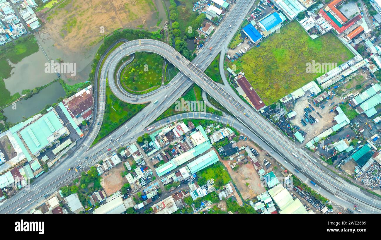 Aerial view of Saigon cityscape at morning with a complex highway ...