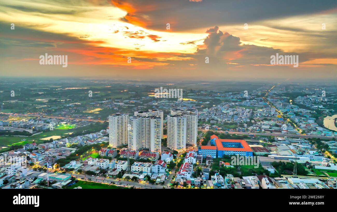 Aerial view of Saigon cityscape at morning with misty sky in Southern ...