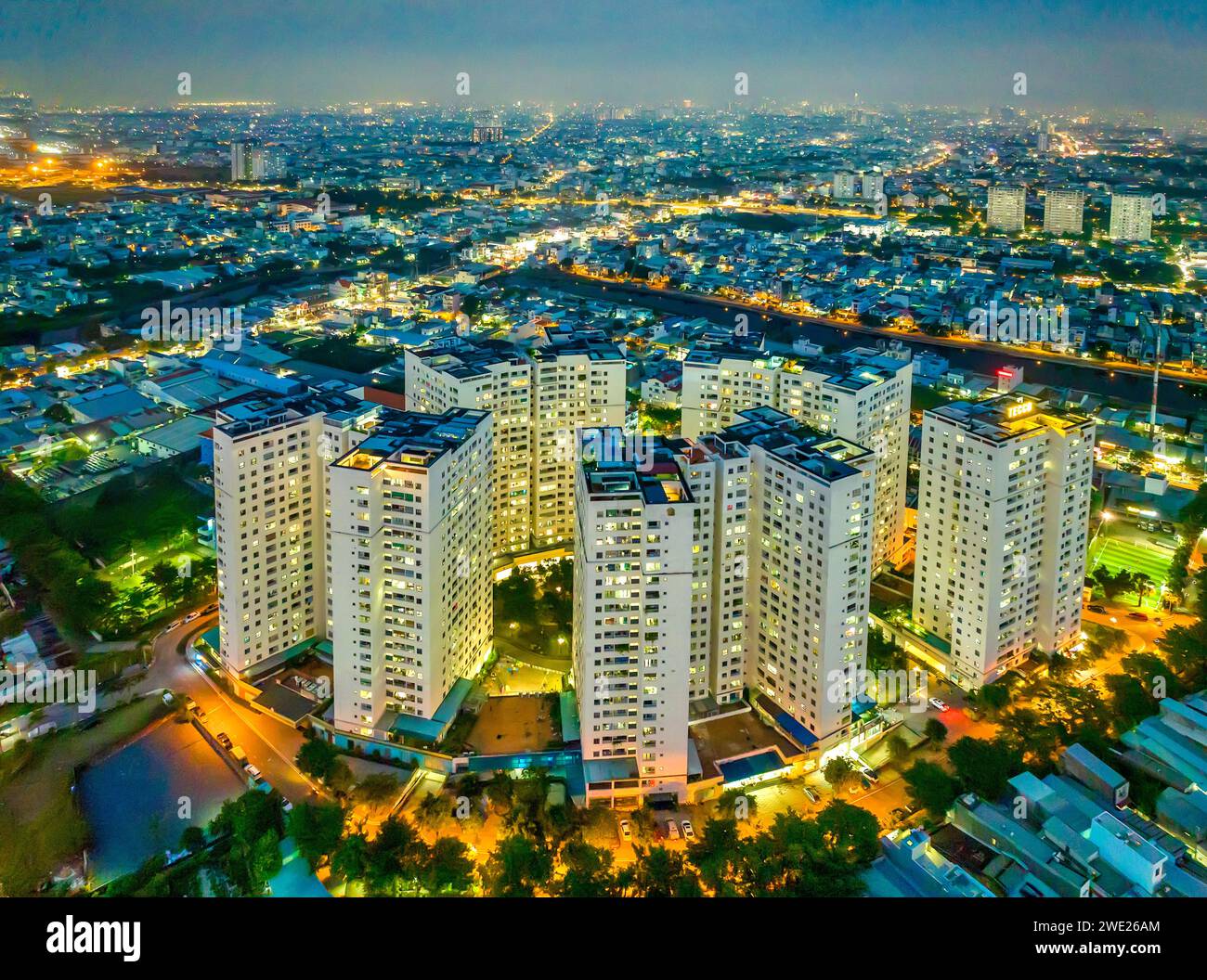 Ho Chi Minh City, Vietnam aerial view with residential area below ...