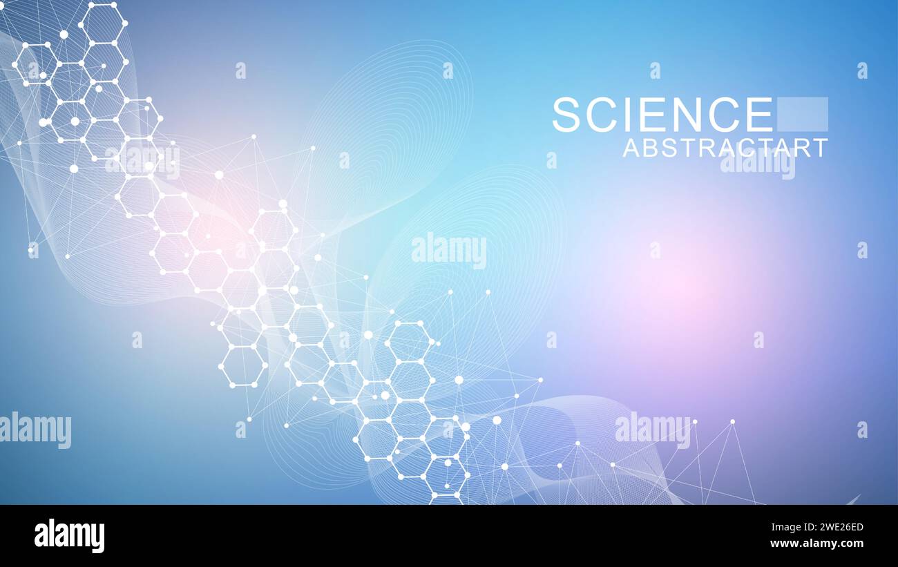 Modern scientific background with hexagons, lines and dots. Wave flow ...