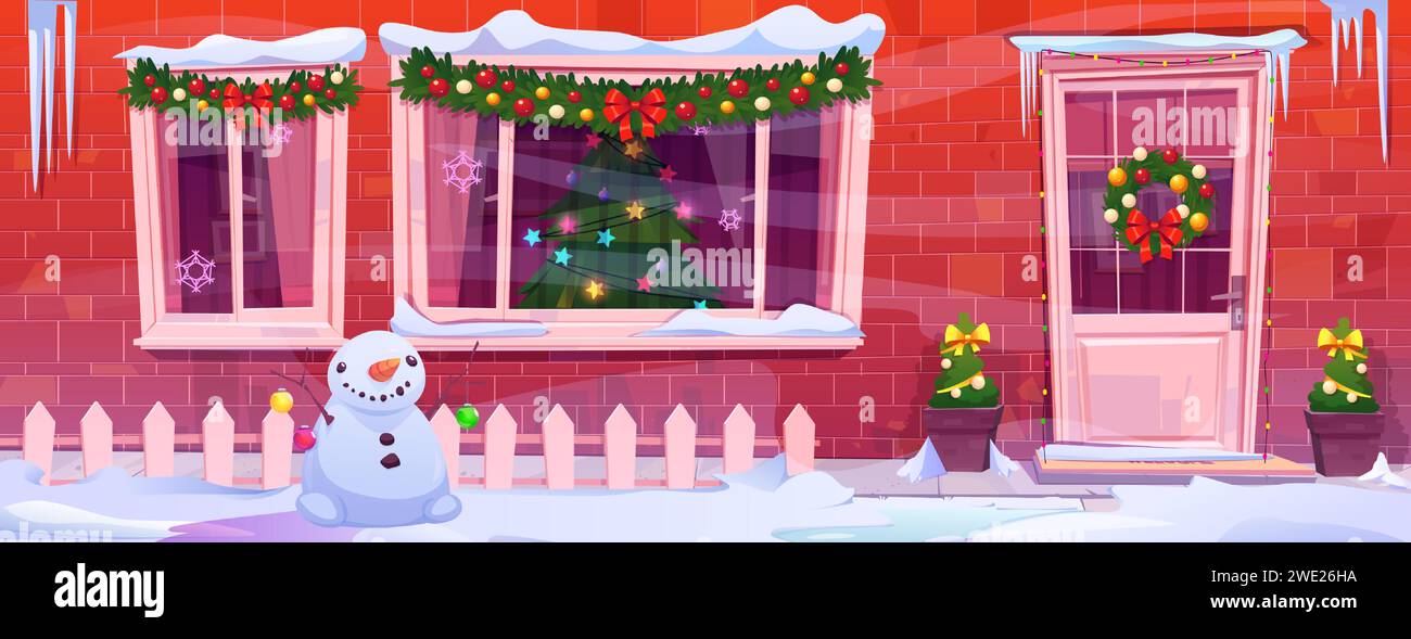 House facade decorated for Christmas. Vector cartoon illustration of X ...